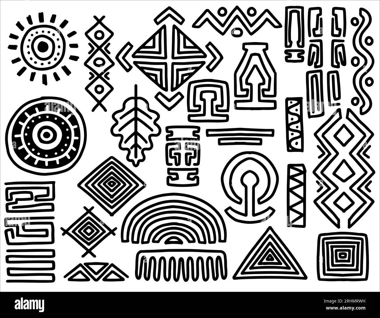 ethnic tribal hand drawn elements set in black white style. Abstract ...
