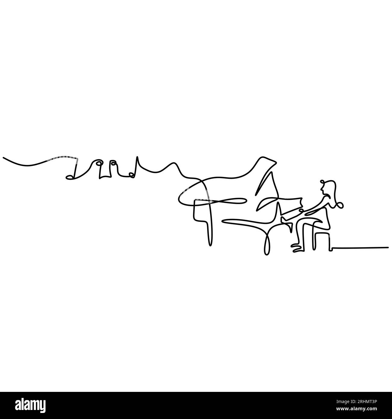 One single continuous line of girl playing piano with music notes ...
