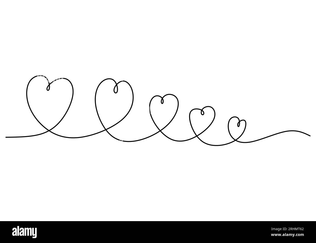 Continuous one single line of five love heart symbols isolated on white ...