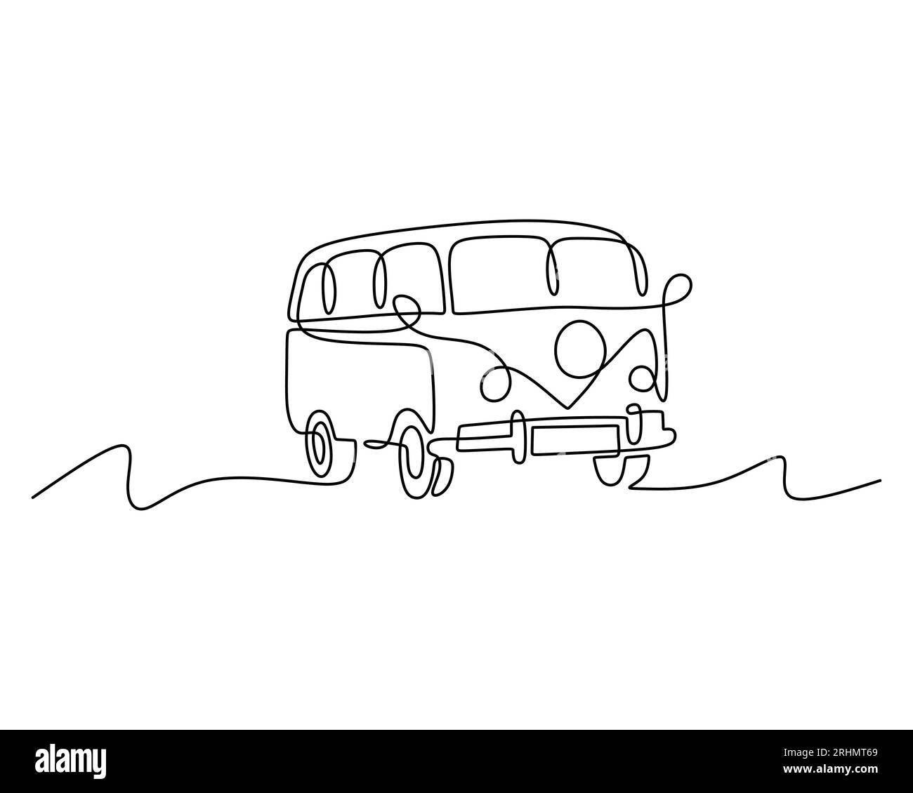 One single continuous line of mini van car. Vintage transportation ...