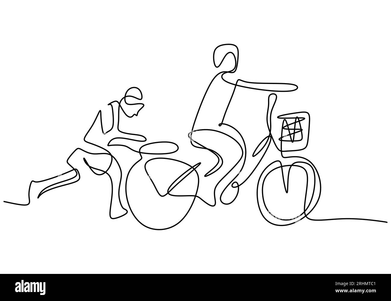 One continuous single line of brother and sister playing bicycle ...