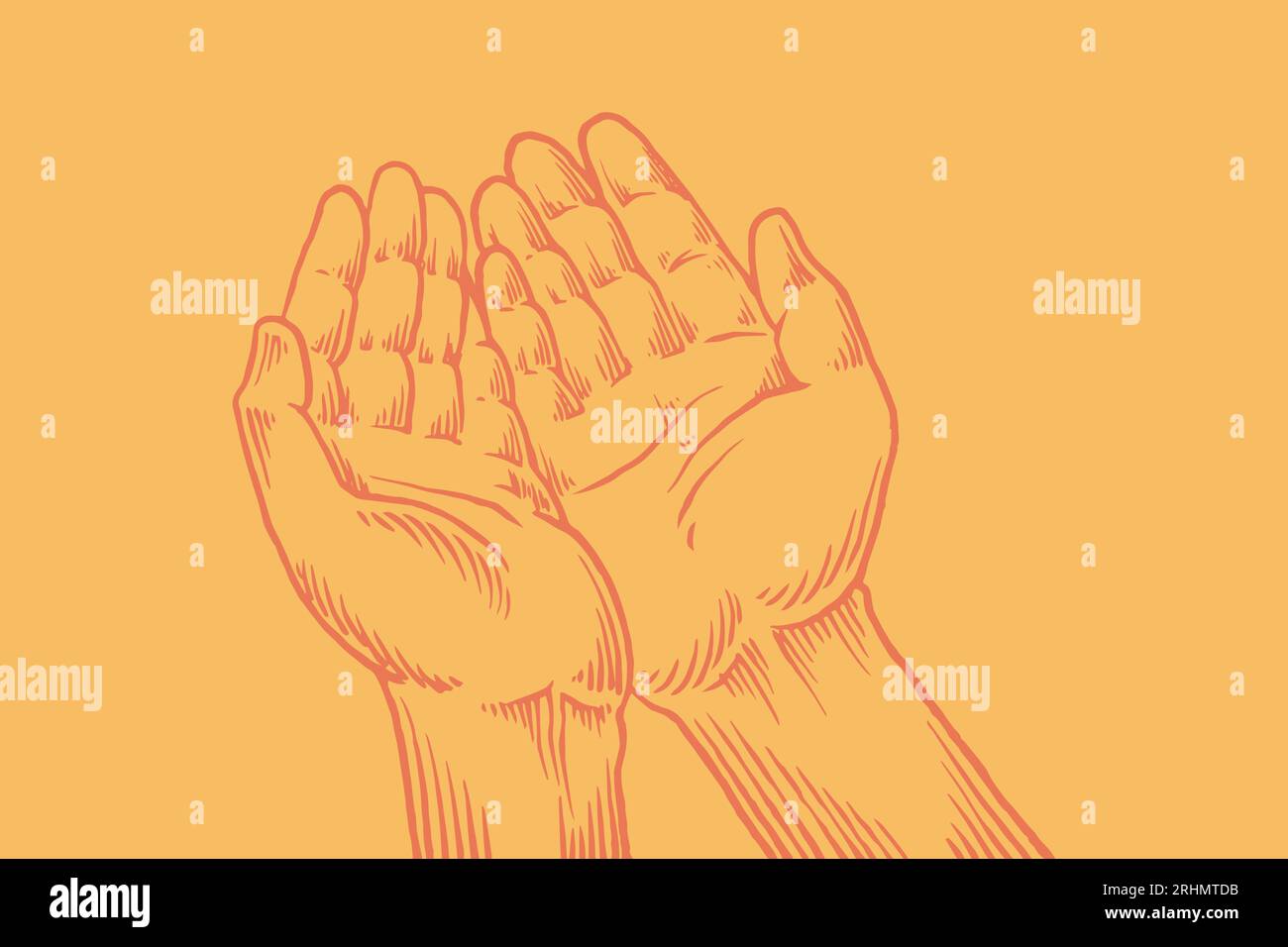 Hand drawn sketch of hand praying isolated on orange background for ...