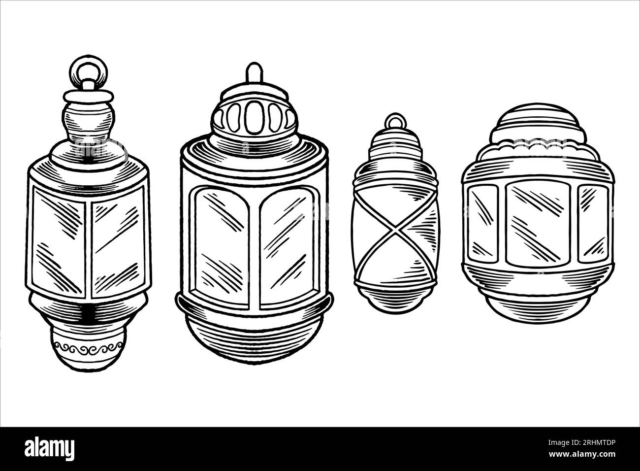 Hand drawn sketch of lanterns as islamic ornaments element in black ...