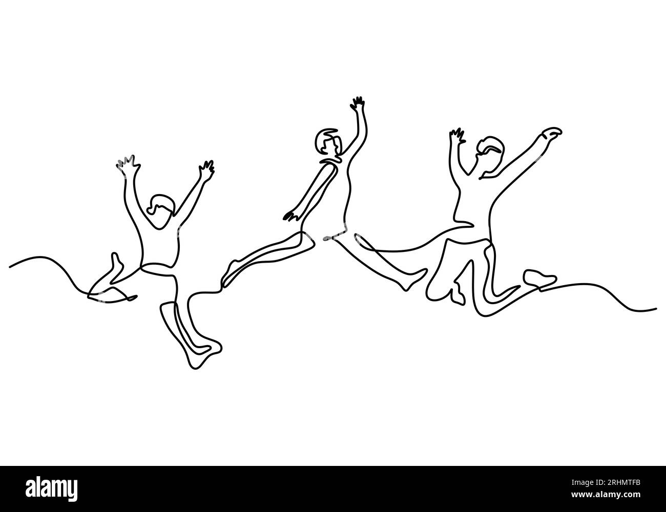 One continuous single line of three happy people jumping isolated on ...