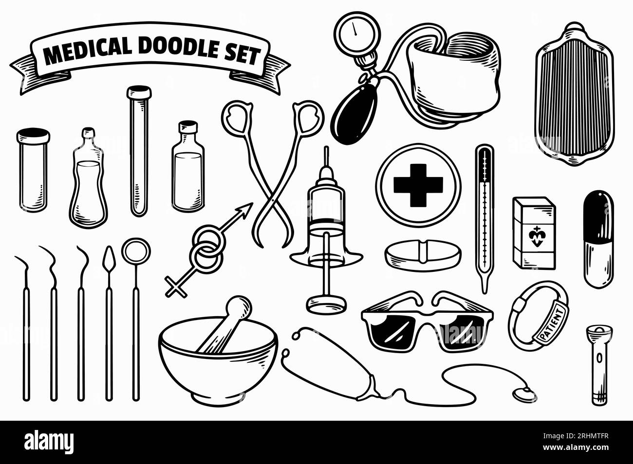 Hand drawn set of medical equipment stuff doodle isolated on white ...