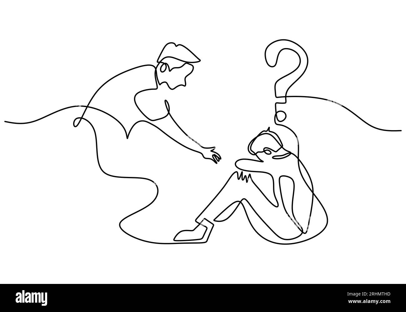 One continuous single line of man helping his sad friend isolated on ...