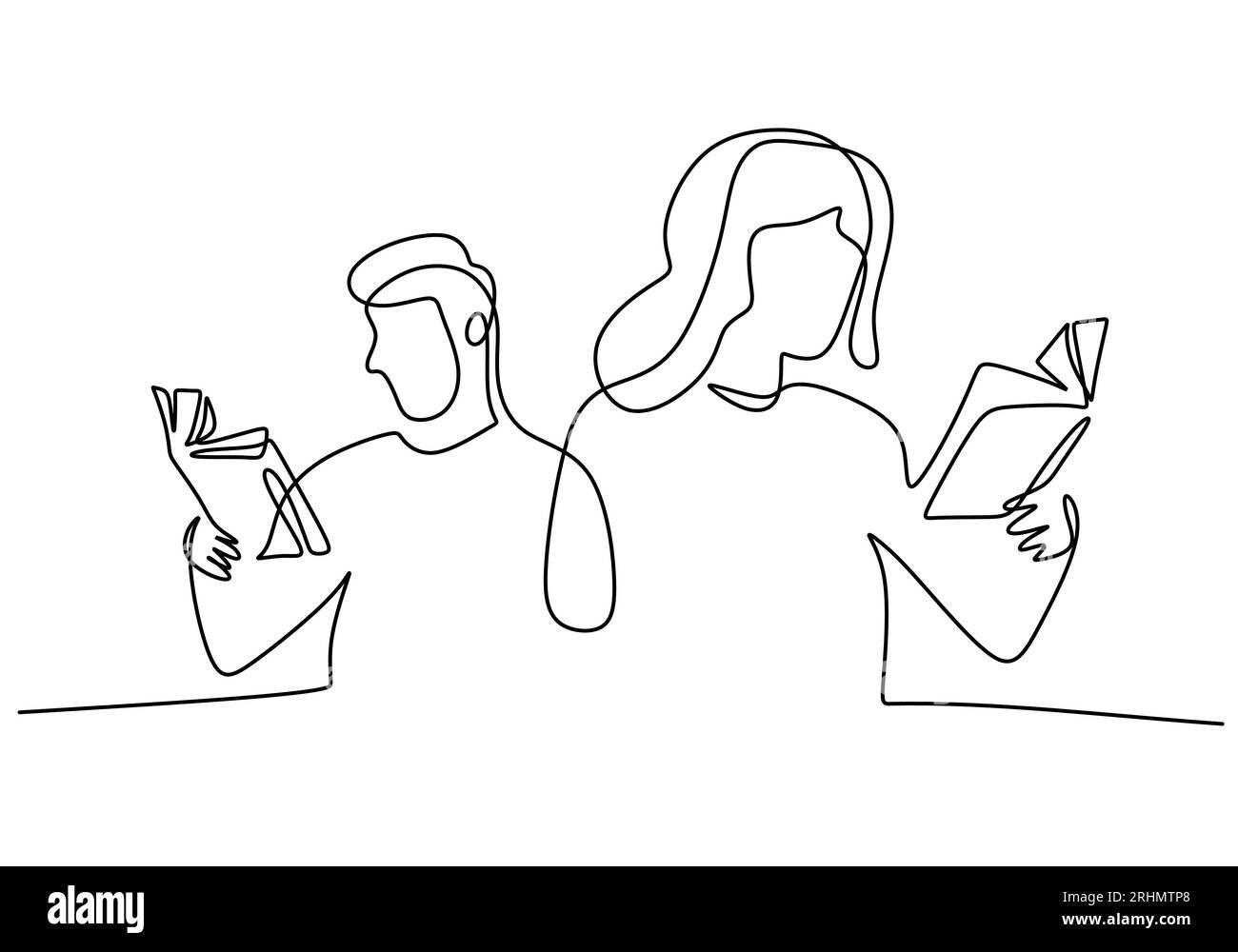 One continuous single line of boy and girl reading book isolated on ...