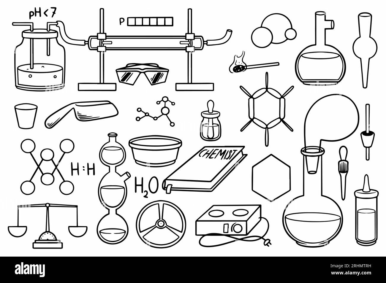 Hand drawn set of chemical equipment stuff doodle isolated on white ...