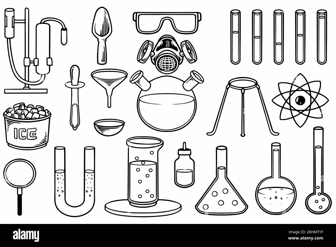 Hand drawn set of chemical equipment stuff doodle isolated on white ...