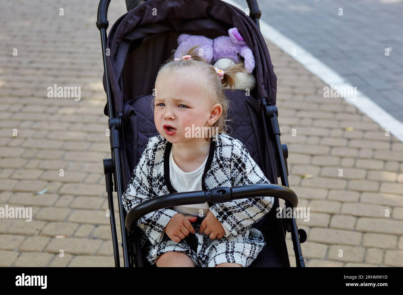 Baby in stroller on a walk in summer park. Adorable little girl sitting ...