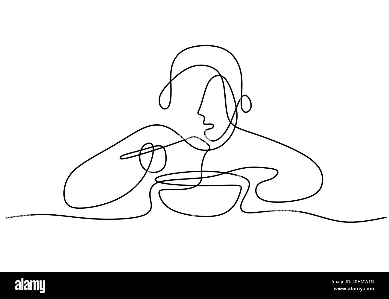 One continuous single line of man or girl eating noodle with chopsticks ...