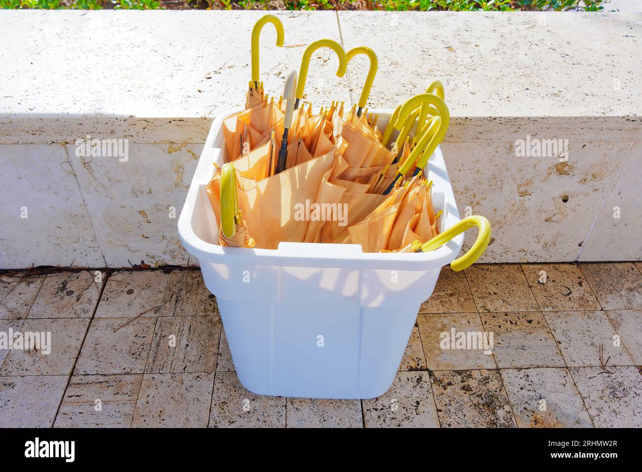 White plastic box brimming with neatly folded umbrellas after a rain ...
