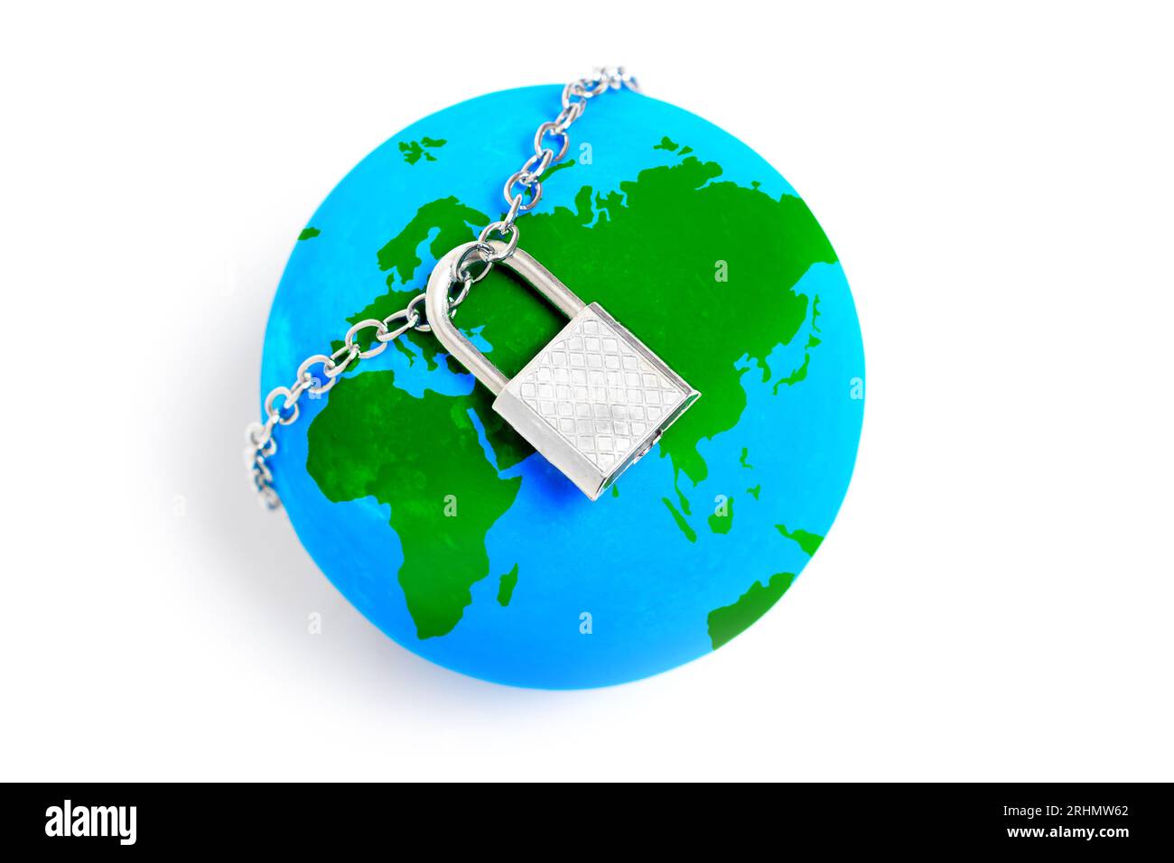 Globe bound by a sturdy chain and secured with a padlock. Geopolitics ...