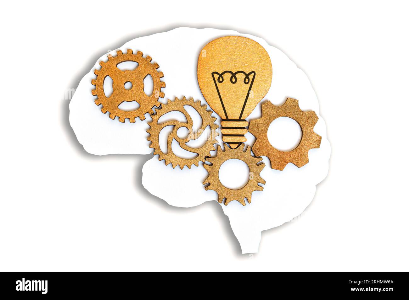 Wooden cogs and a light bulb placed inside a flat white brain shape ...
