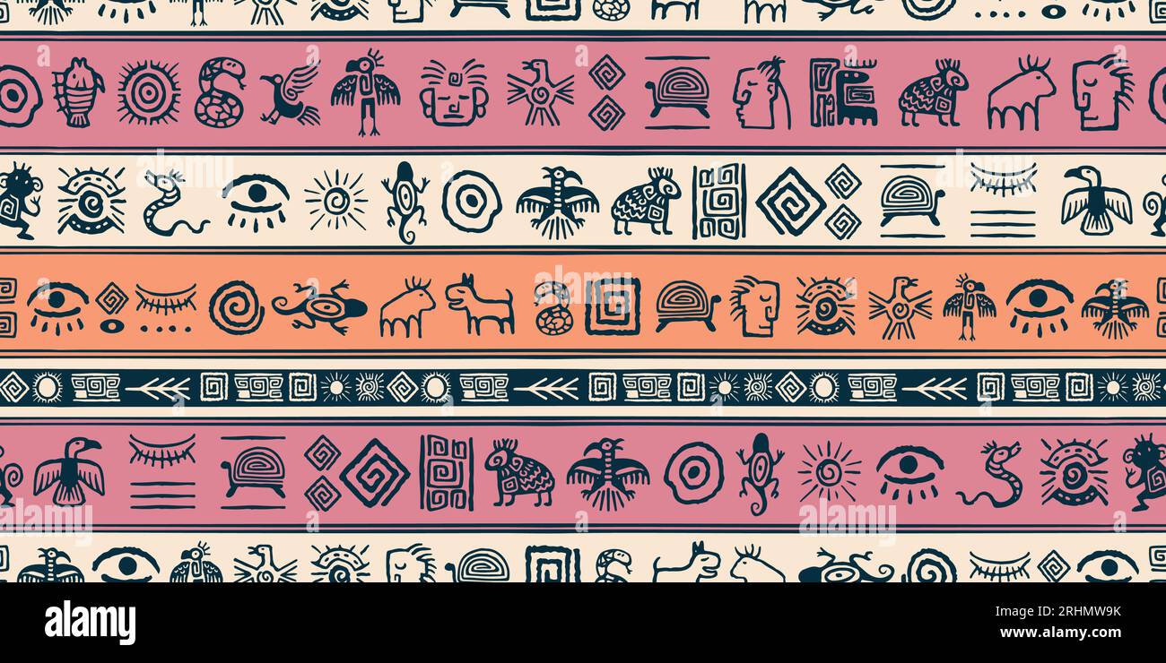 Set of colored seamless symbol patterns hand drawn aztec style. Good ...