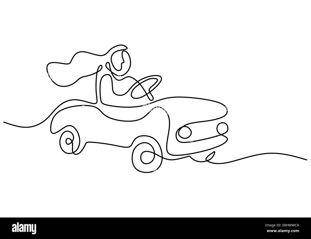 One continuous single line of girl riding classic car isolated on white ...