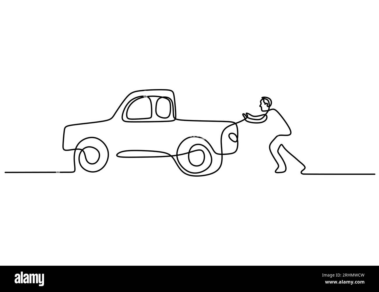 One continuous single line of man pushing big truck isolated on white ...