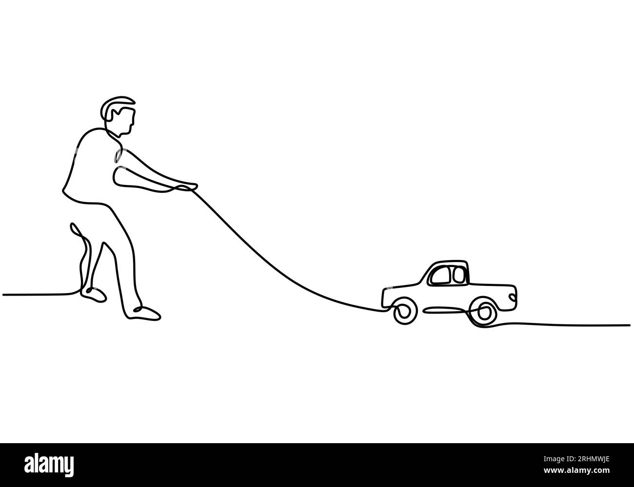 One continuous single line of little boy pulling his truck toy isolated ...