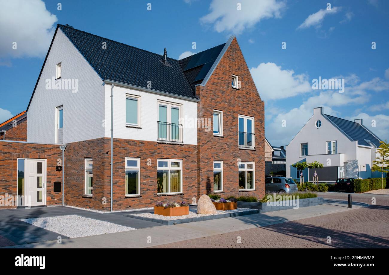 Dutch Suburban area with modern family houses, newly built modern ...
