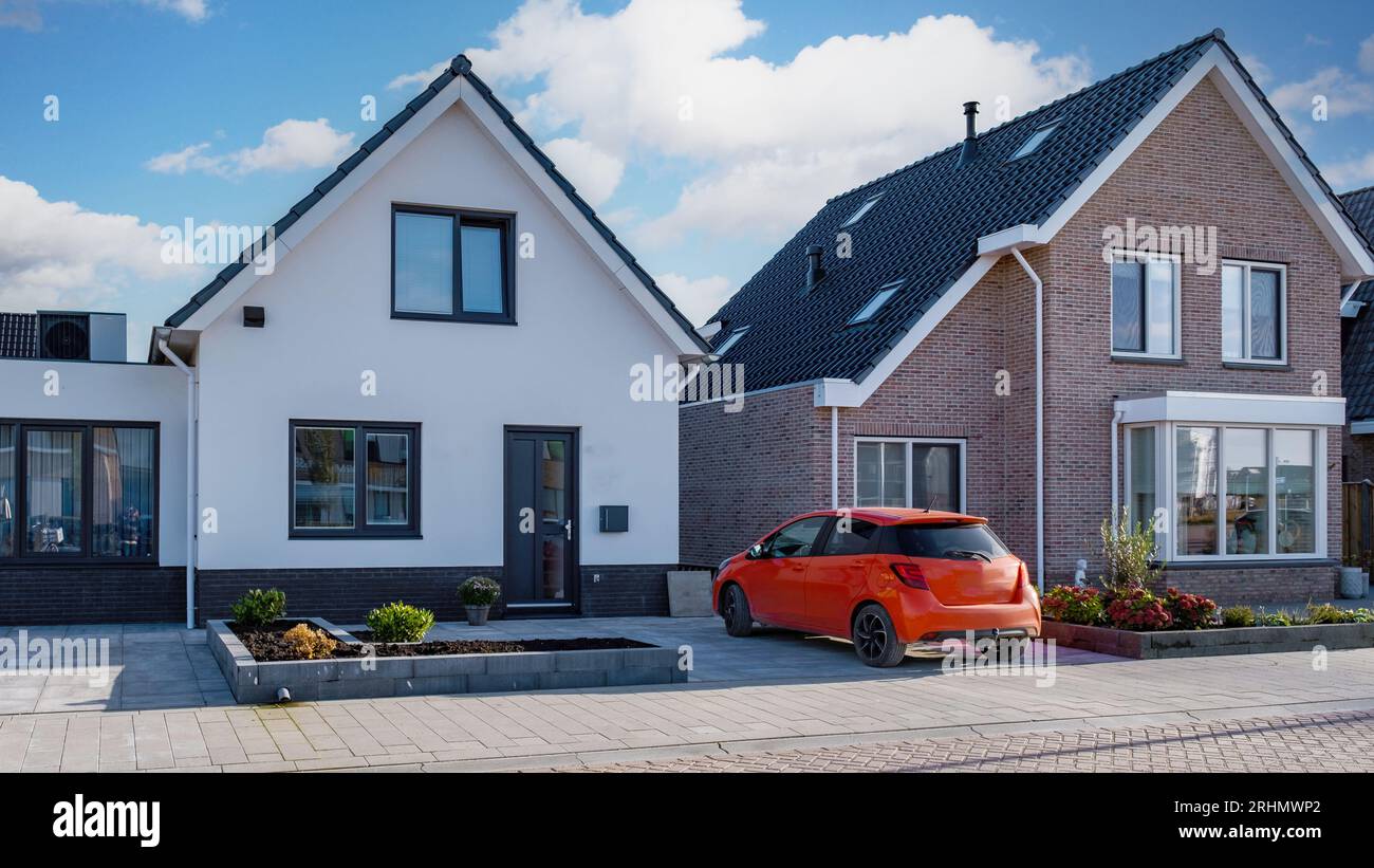 Dutch Suburban area with modern family houses, newly built modern ...