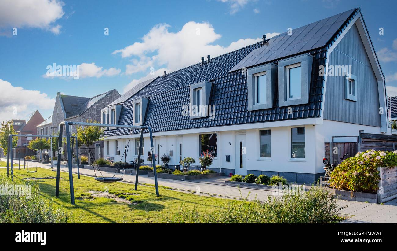 Dutch Suburban area with modern family houses, newly build modern ...