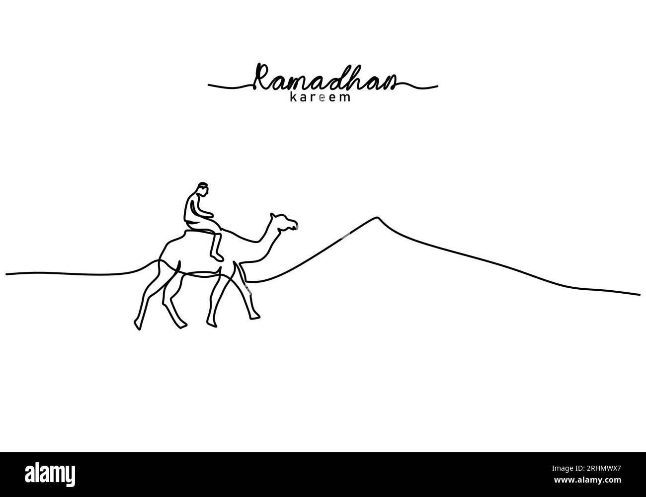 One continuous single line of ramadan kareem word with man riding camel ...