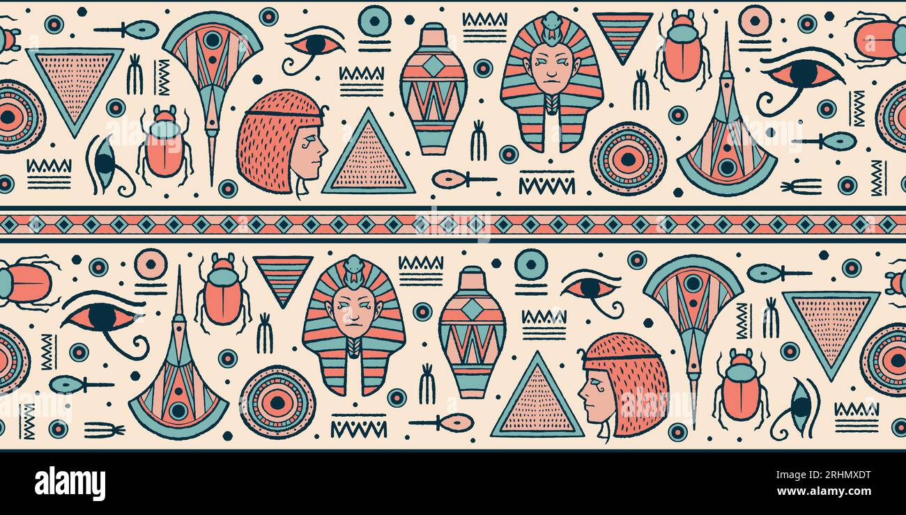 Set of seamless symbol patterns hand drawn ancient egyptian tribal ...