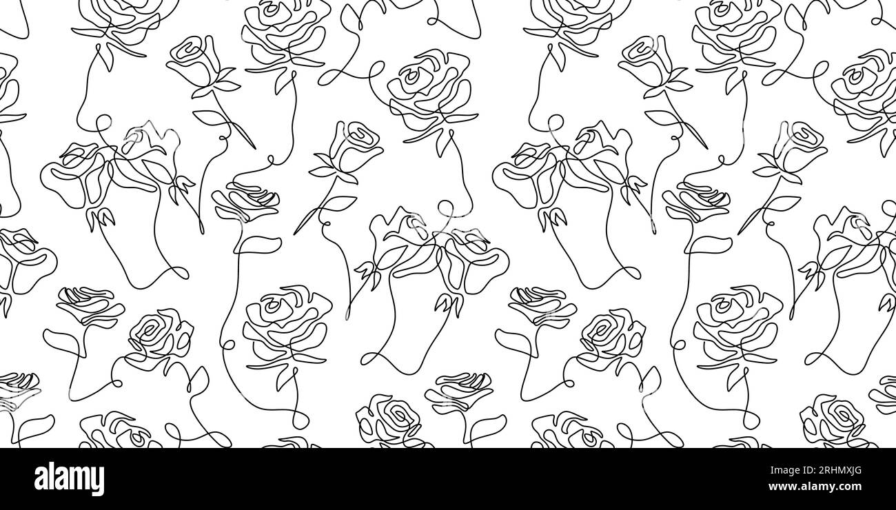 Botanical flowers line art seamless pattern. One line drawing of rose ...
