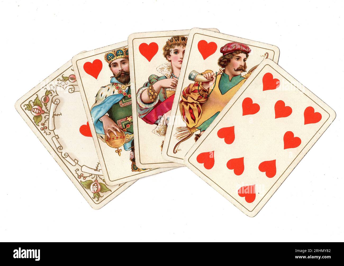 A poker hand of antique playing cards featuring a royal flush of hearts ...