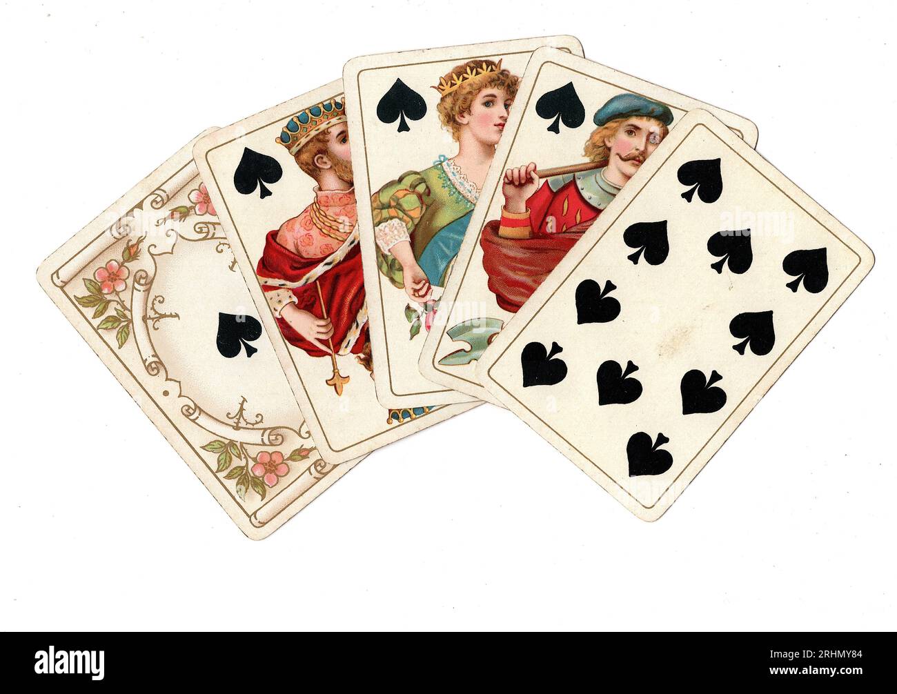 A poker hand of antique playing cards featuring a royal flush of spades ...