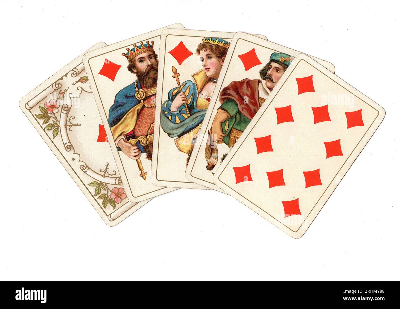 A poker hand of antique playing cards featuring a royal flush of ...