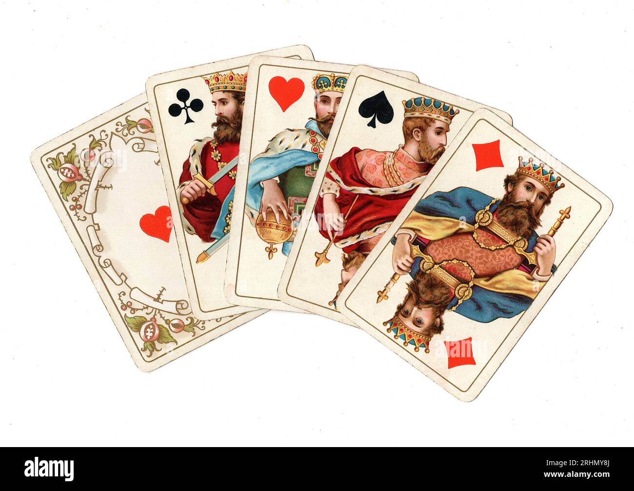 A poker hand of antique playing cards featuring four kings on a white ...