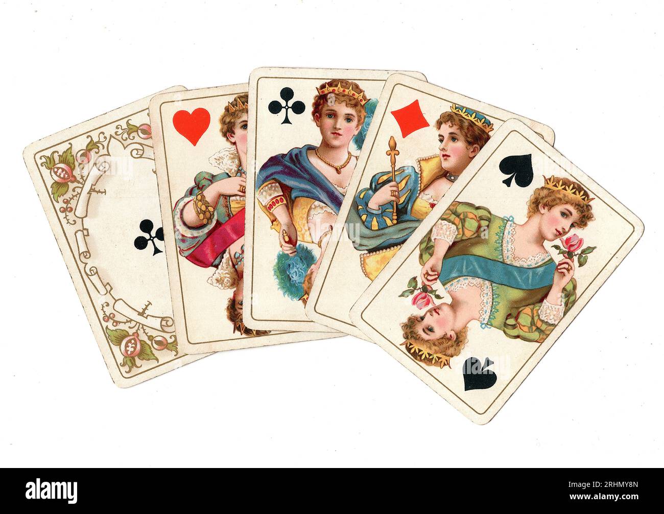 A poker hand of antique playing cards featuring four queens on a white ...