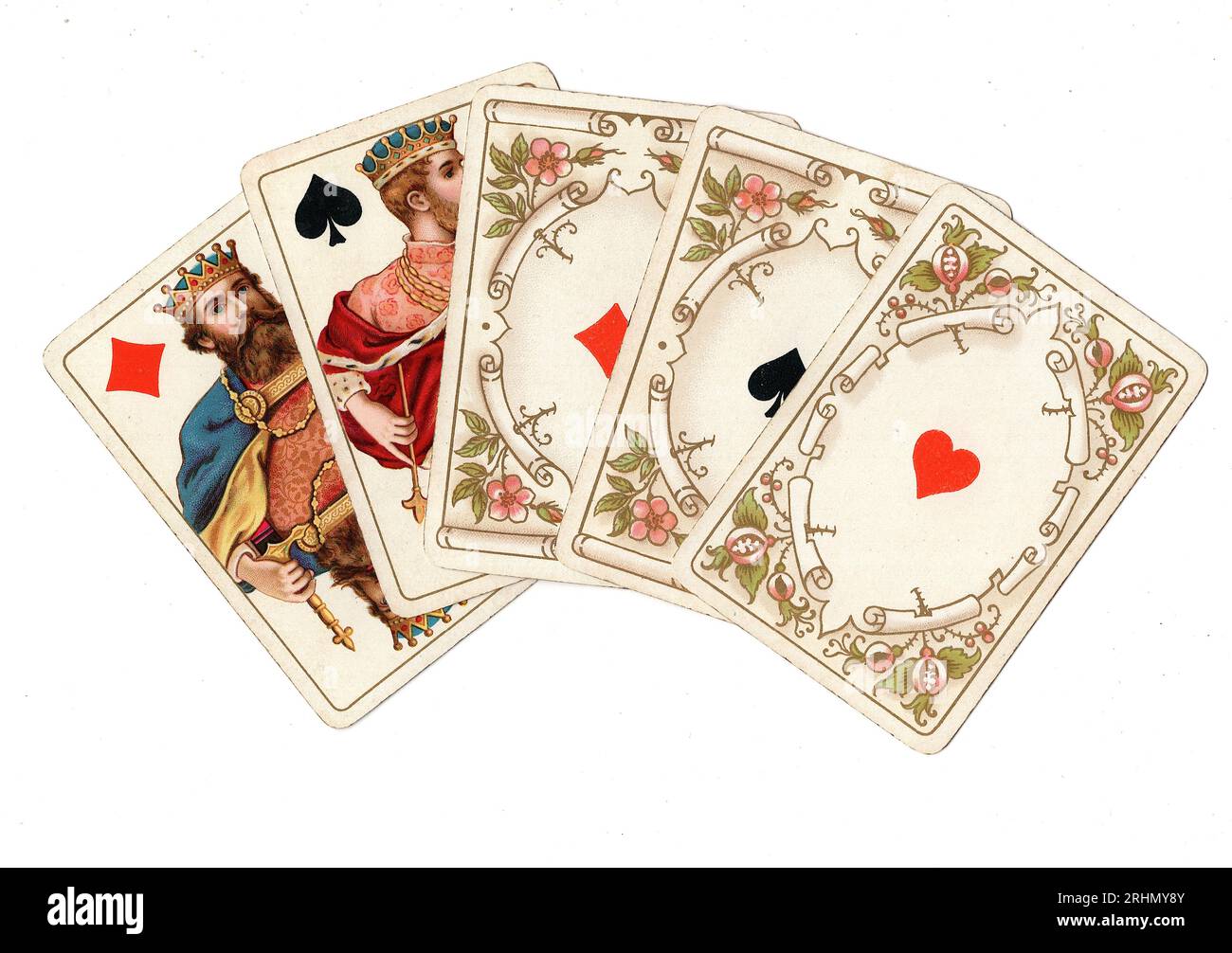 A poker hand of antique playing cards featuring a full house of aces ...
