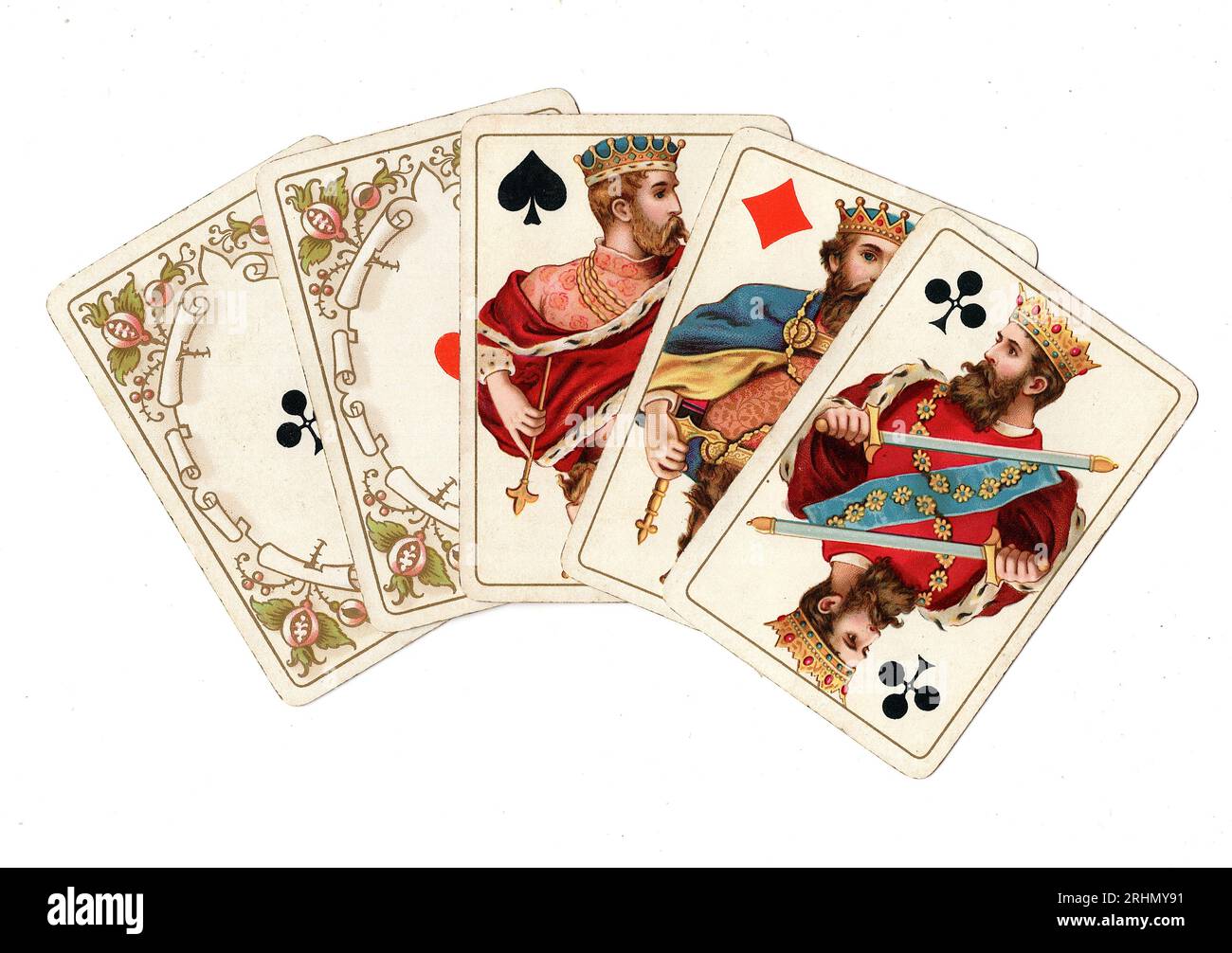 A poker hand of antique playing cards featuring a full house of kings ...