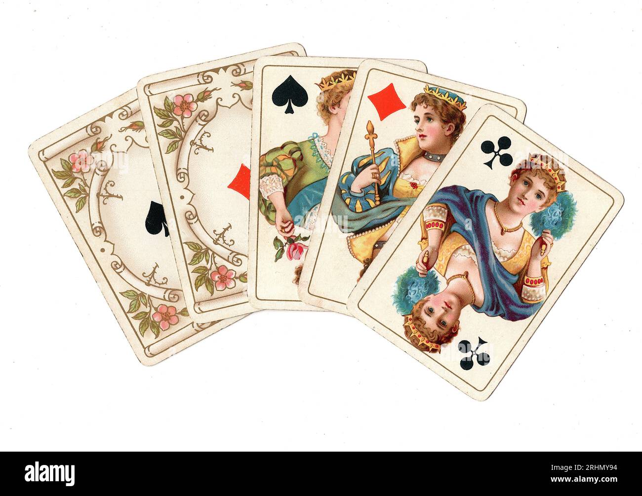 A poker hand of antique playing cards featuring a full house of queens ...
