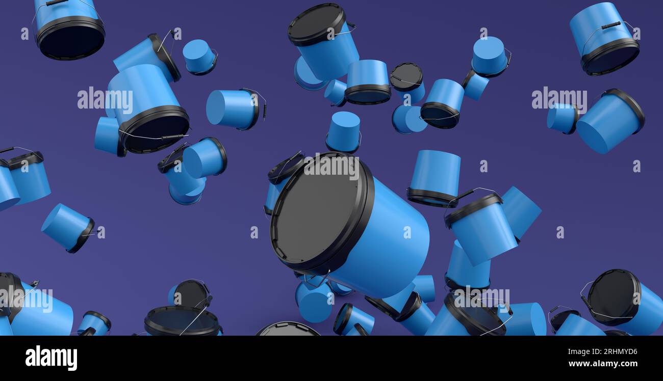 Many of flying plastic cans or buckets on violet background. 3d render ...