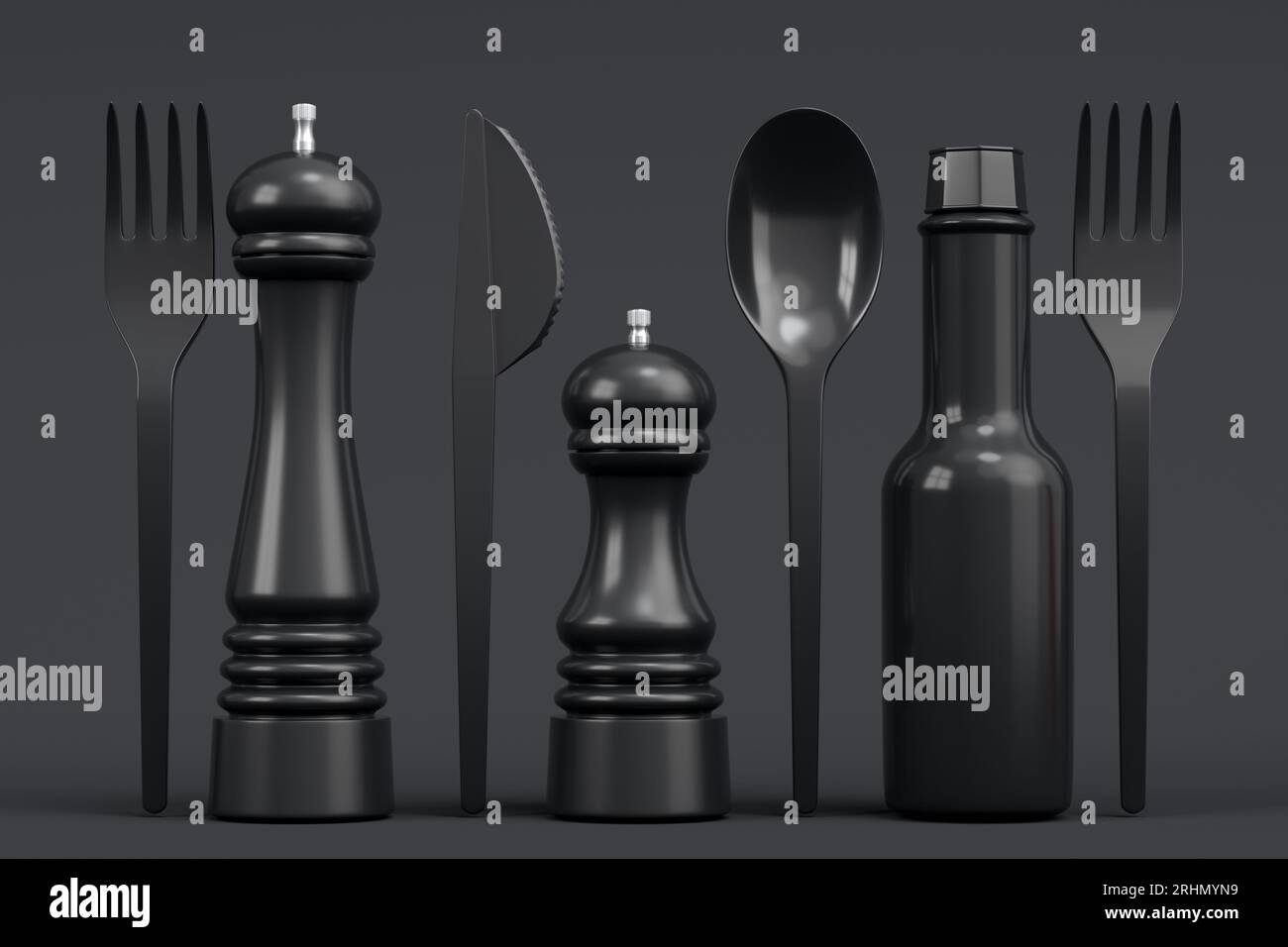 Set of disposable utensils like folk, spoon,knife, cup and pepper and ...