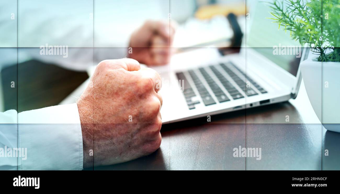 Angry businessman hitting his desk with his clenched fists, geometric ...