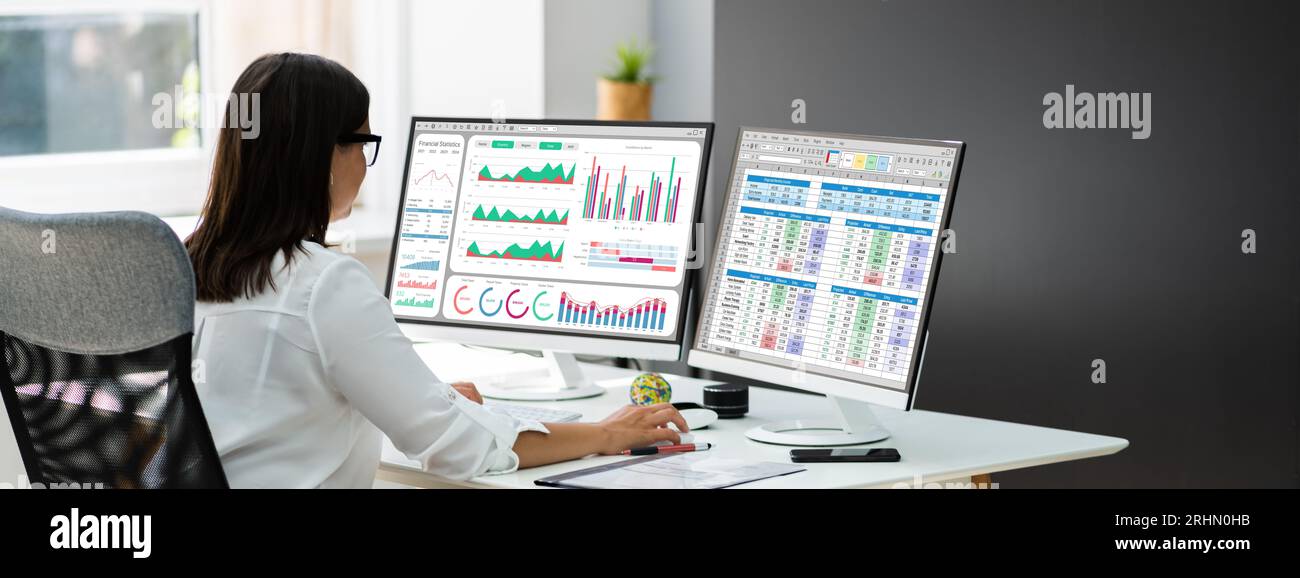 Computer Spreadsheet Data Analyst Woman Using Multiple Screens Stock ...