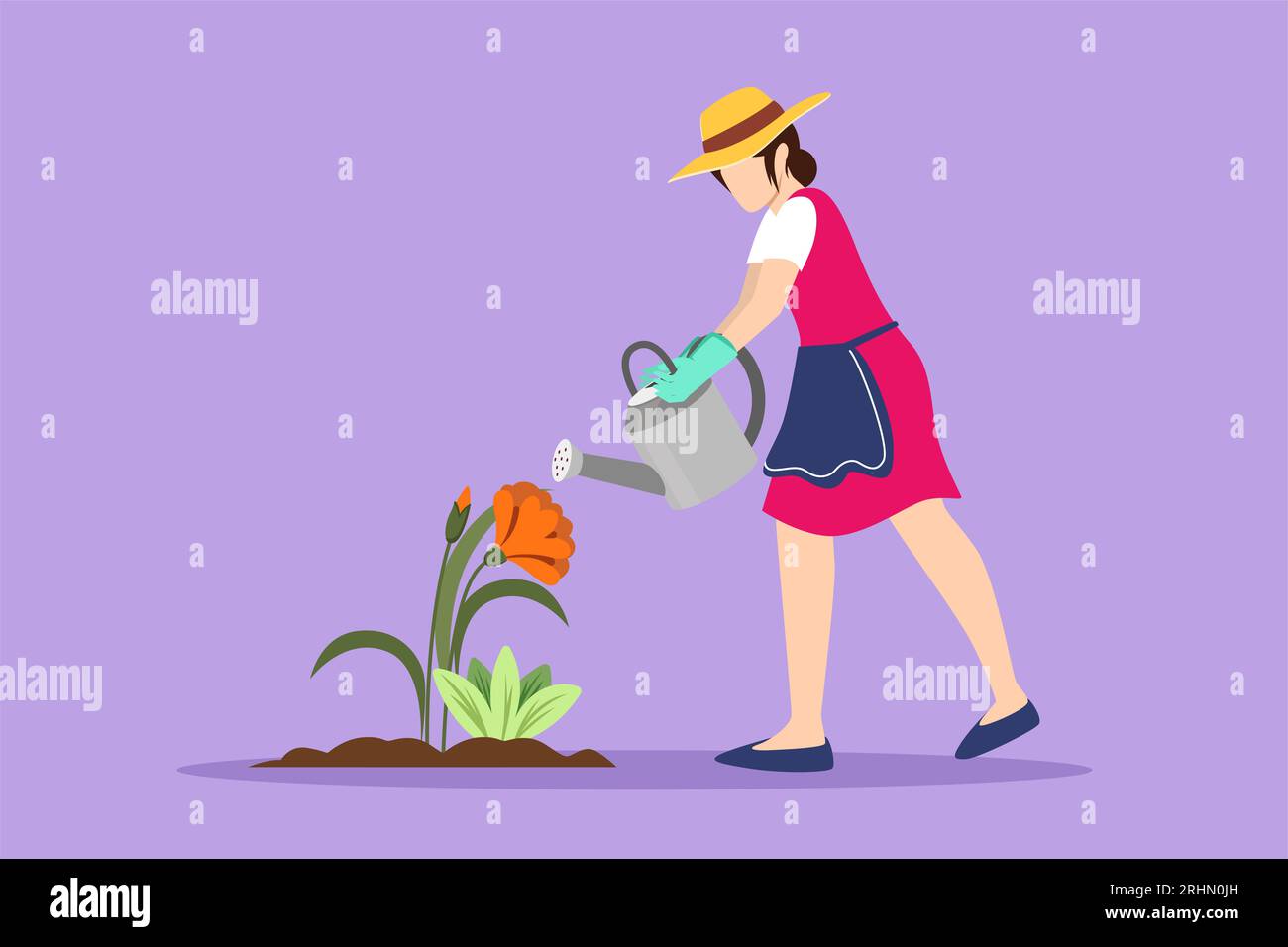 Graphic flat design drawing young pretty girl volunteer watering plant ...