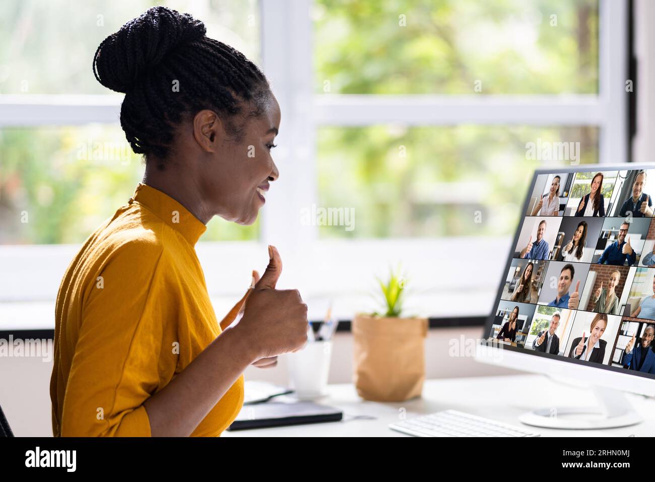 Virtual Telework Webinar And Learning Presentation. African Person ...