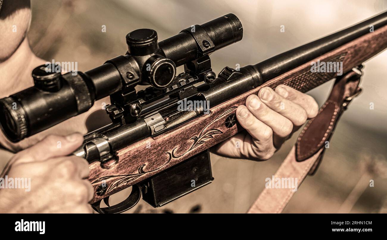 Male hunter in ready to hunt. Closeup. The man is on the hunt, sport ...