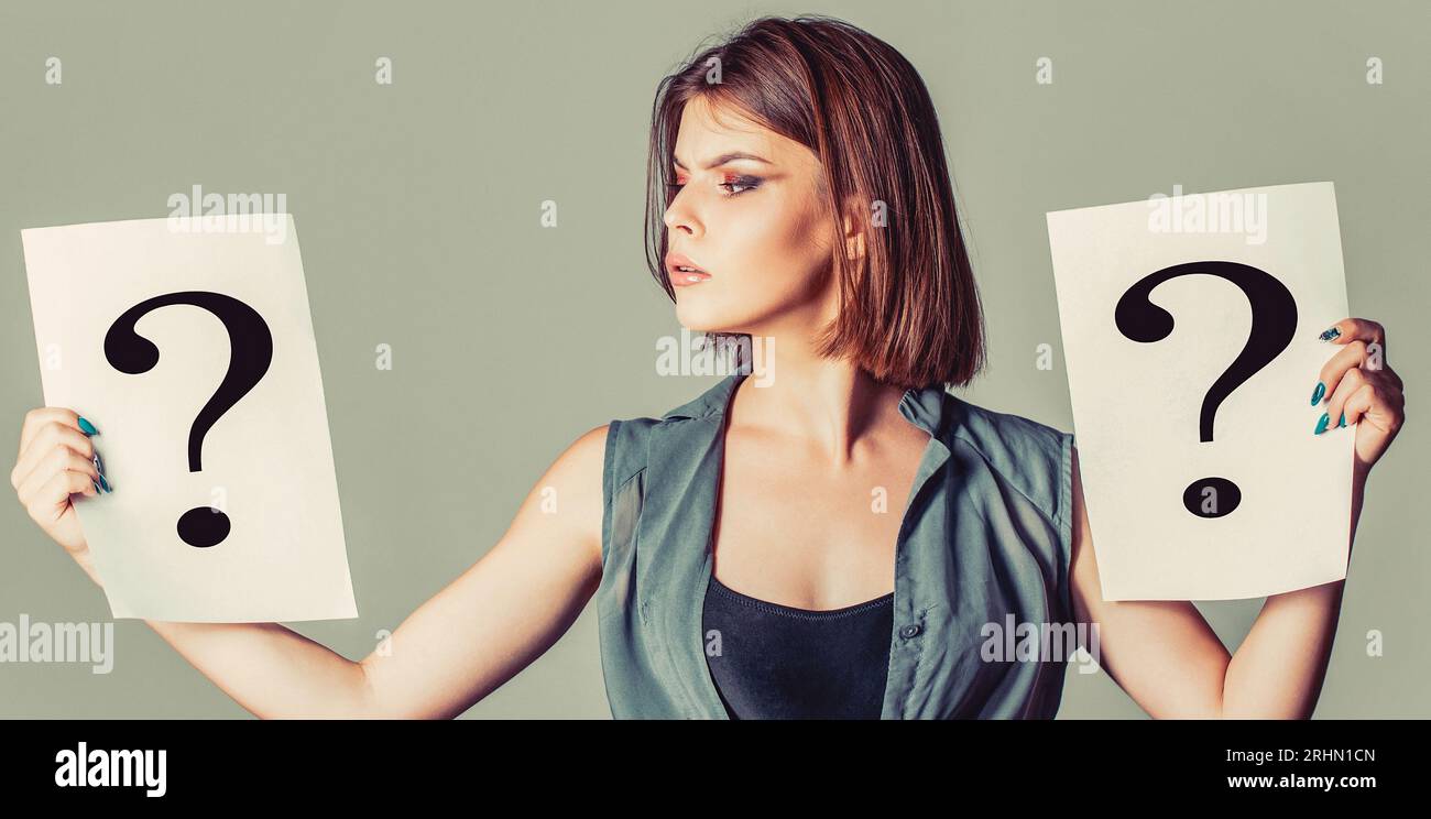 Getting answers, thinking. Girl question. Woman with doubtful ...