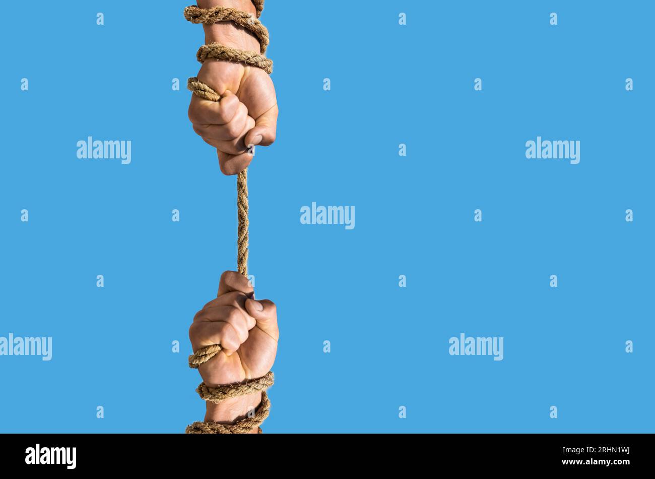 Rescue, help, helping gesture or hands. Conflict tug of war. Rope, cord. Hand holding a rope ...