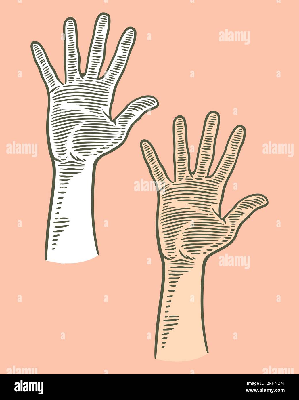 hand drawing engraving hand hi five isolated on pink background Stock ...