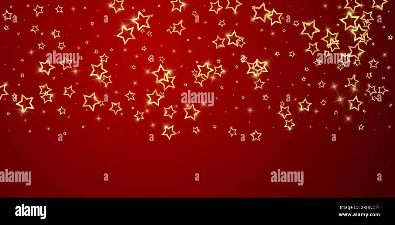 Gold sparkling star confetti. Chaotic dreamy childish overlay template. Festive stars vector ...