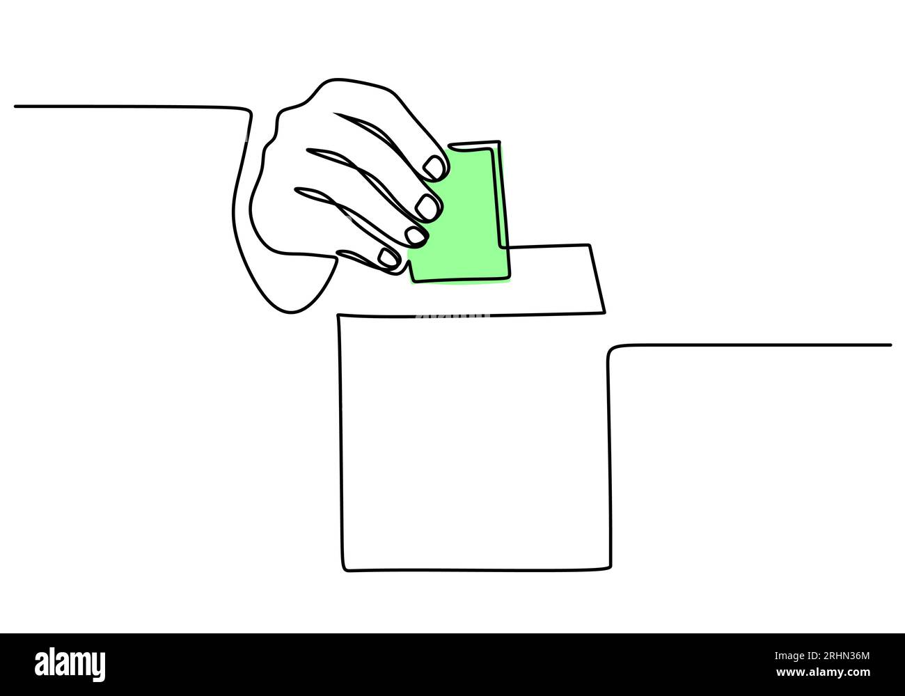 One continuous single line of hand put money in box isolated on white ...