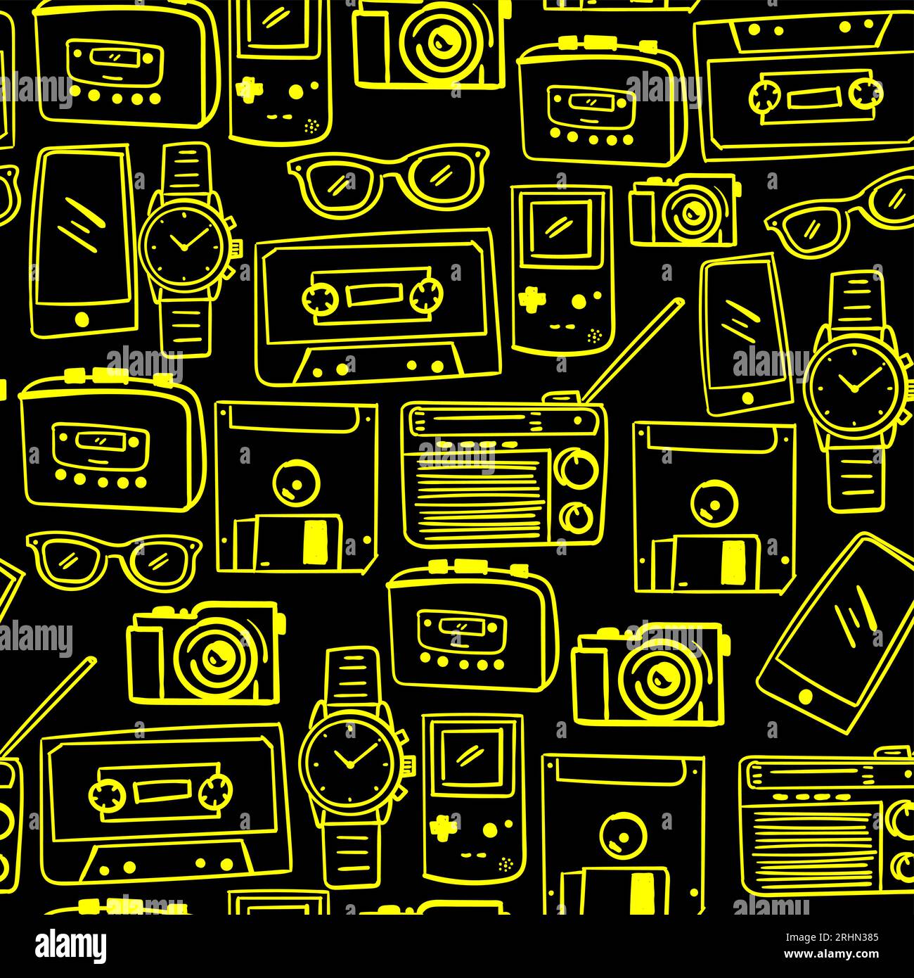 Seamless pattern of 90s stuff for nostalgia isolated on black ...