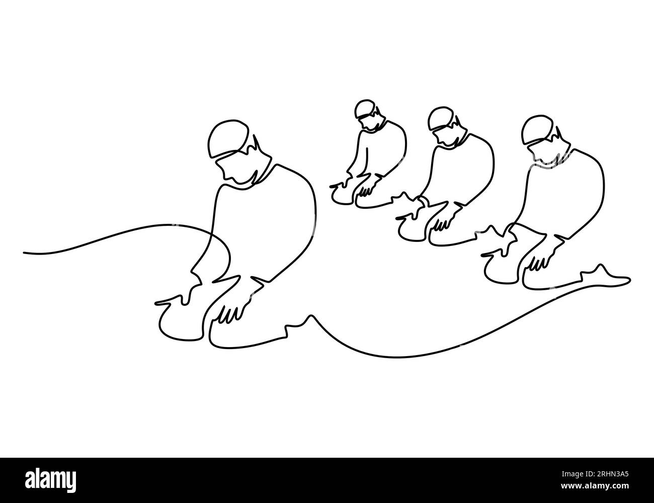 One continuous single line of people pray together isolated on white ...